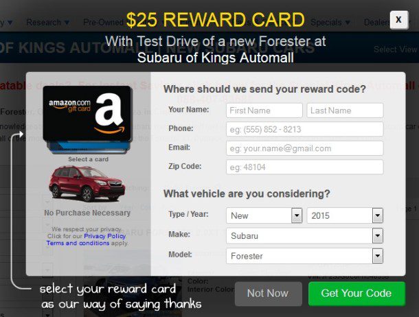 $25 gift card for test driving a Subaru Forester - Points with a Crew