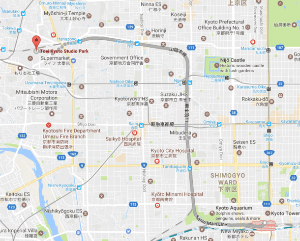 Map of Toei Kyoto Studio Park relative to Kyoto Station - Points with a ...